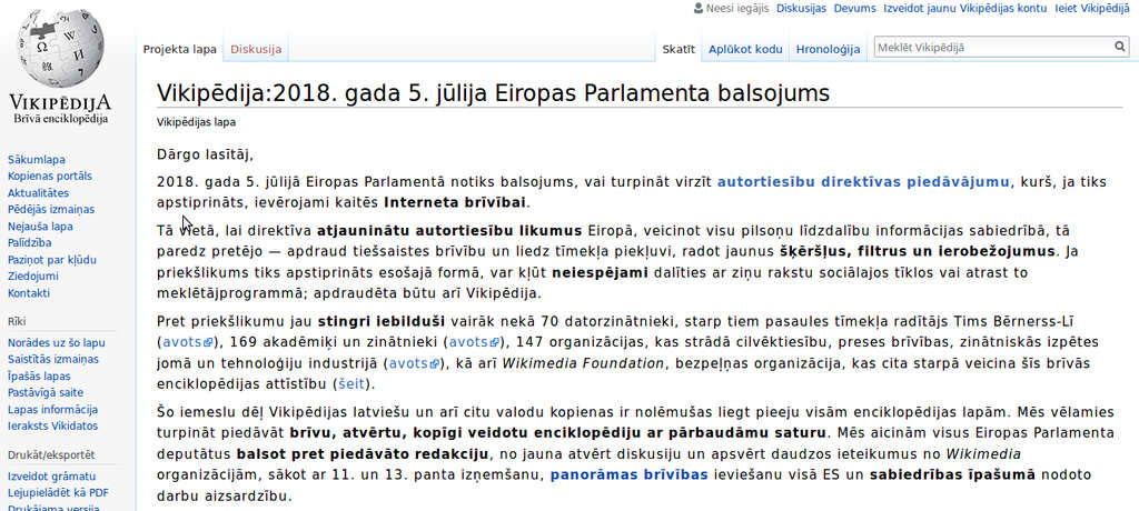 Dienu pirms EP balsojuma par autortiesību direktīvu bloķēta “Vikipēdija” latviešu valodā | LA.LV