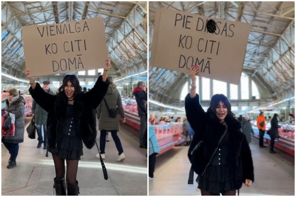 VIDEO. Elīna Didrihsone ar plakātu “PIE DI*SAS, KO CITI DOMĀ” gozējas ...